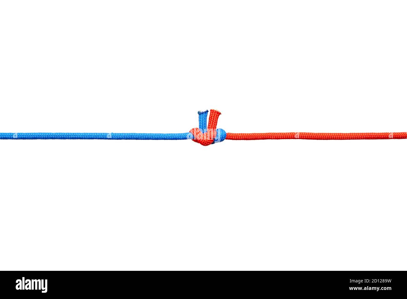 Two red and blue cords are connected . Knot on a cord isolated on a ...