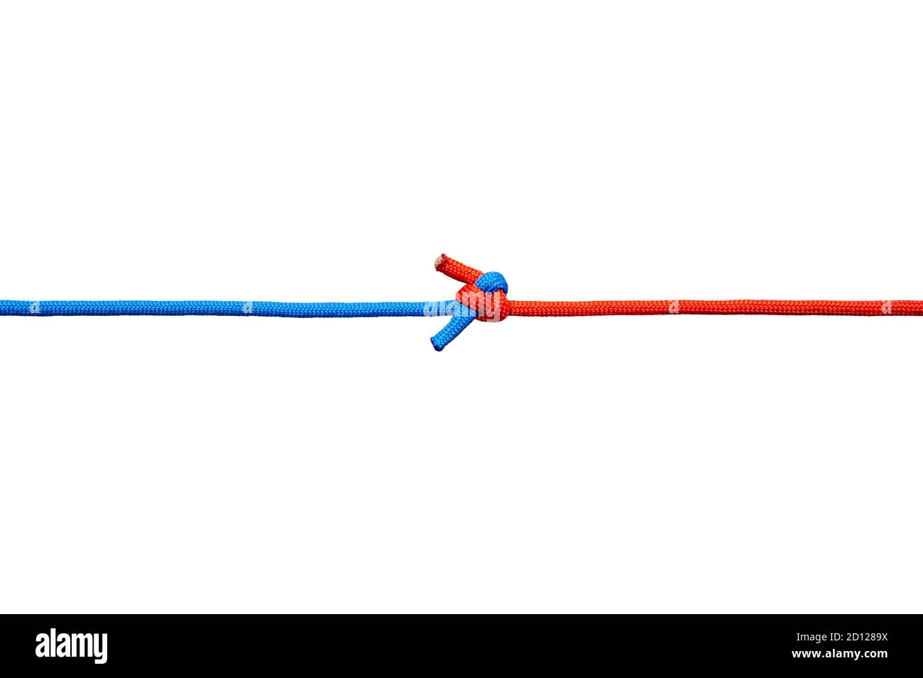 Two red and blue cords are connected . Knot on a cord isolated on a ...