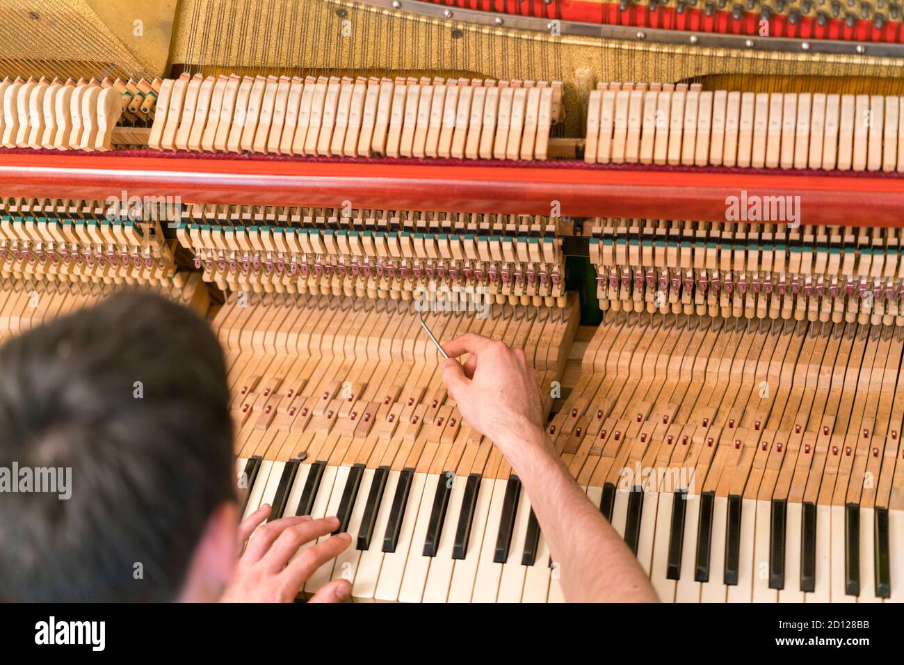 Piano tuning process. closeup of hand and tools of tuner working on ...