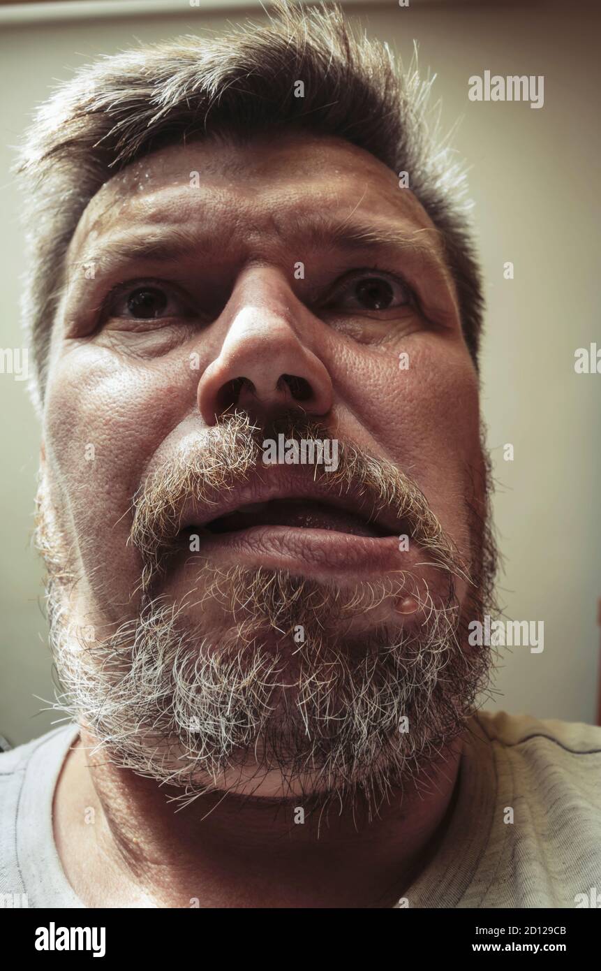 Unusual portrait of an adult bearded man. A 44 year old man with a ...