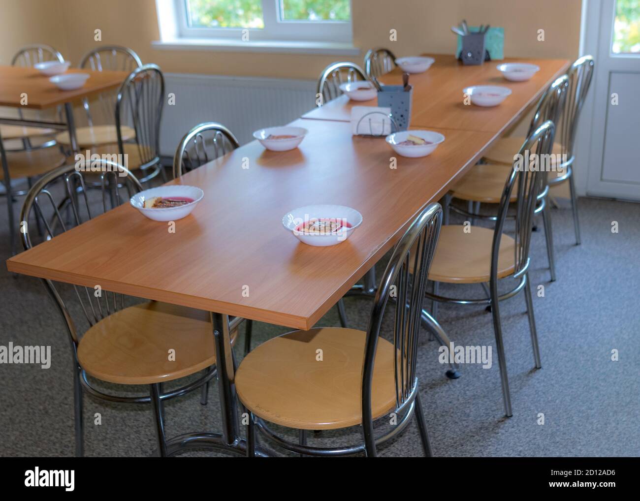 school kitchen canteen, set tables, canteen equipment, catering ...