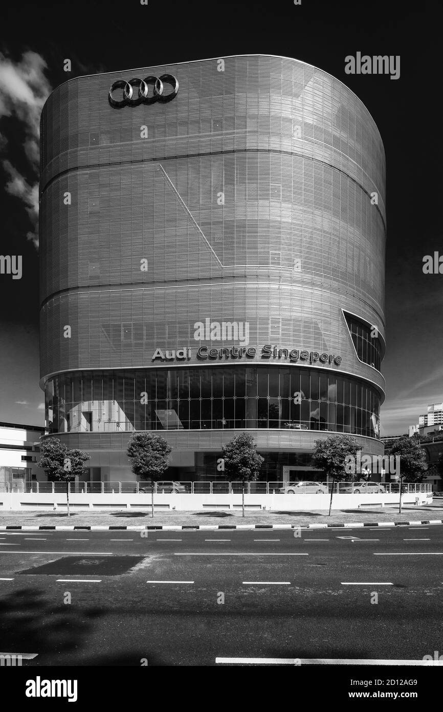 Black and white building of Audi Centre Singapore. The largest ...