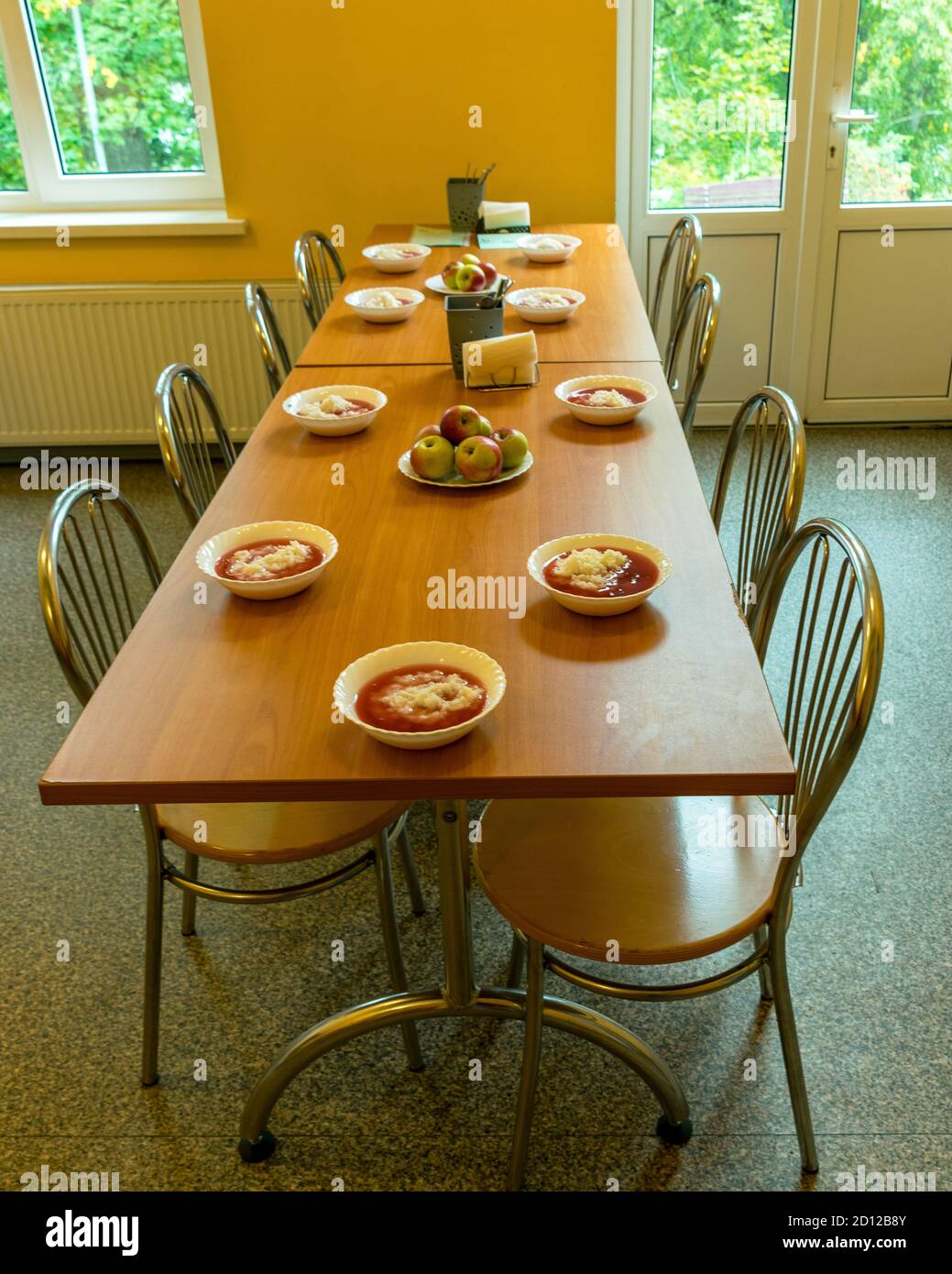 school kitchen canteen, set tables, canteen equipment, catering ...