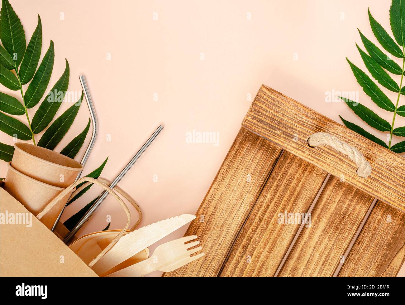 Ecological tableware on pink background. Eco friendly concept. Top view ...
