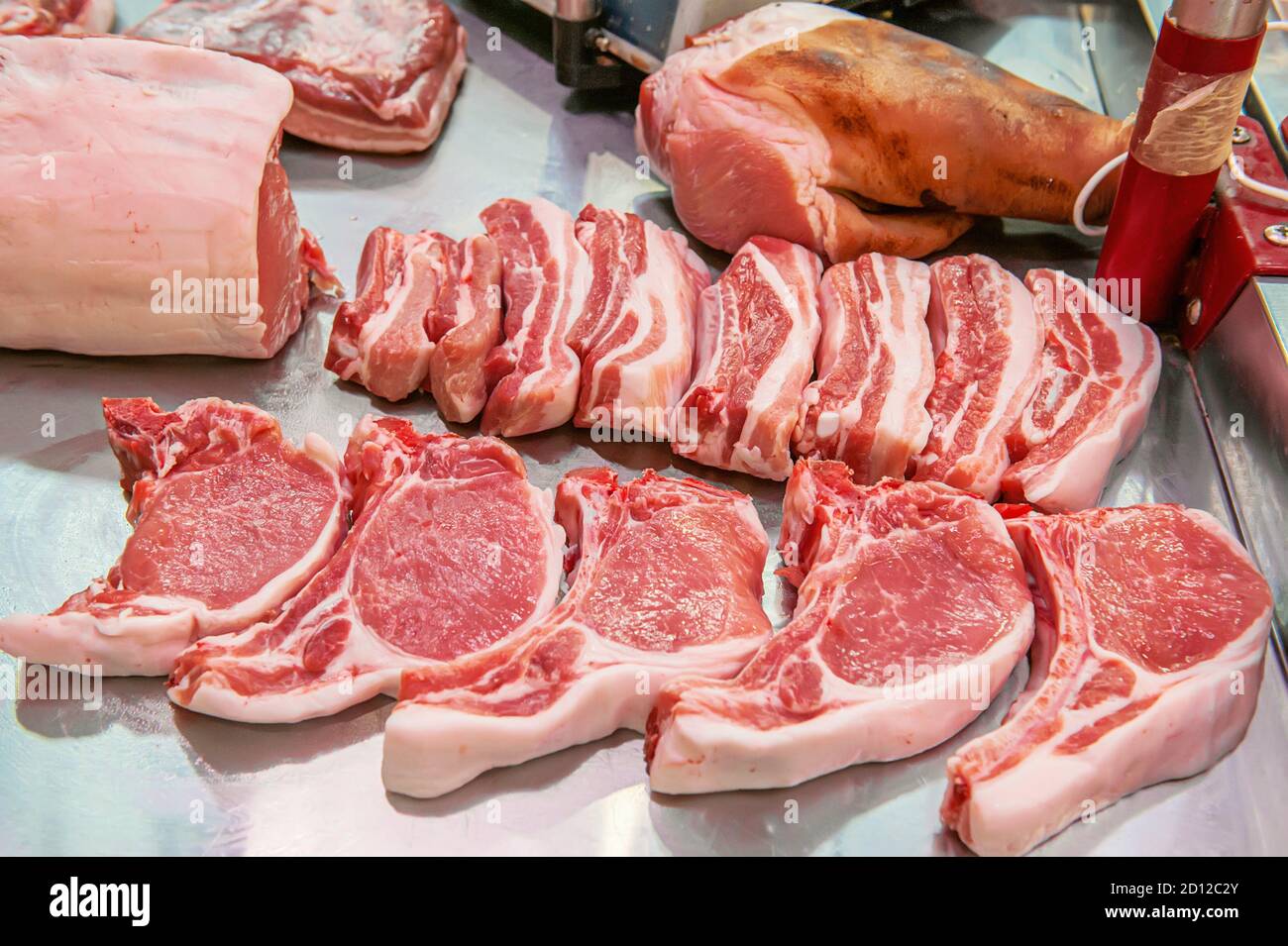 Selection of quality meat in a butcher shop. Different types of fresh ...