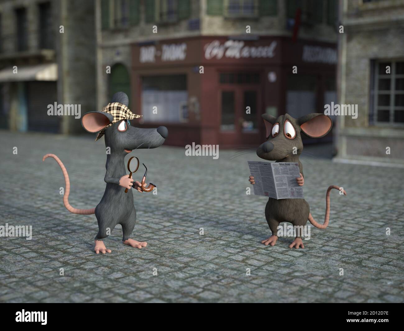 3D rendering of a cute smiling cartoon mouse holding a magnifying glass ...