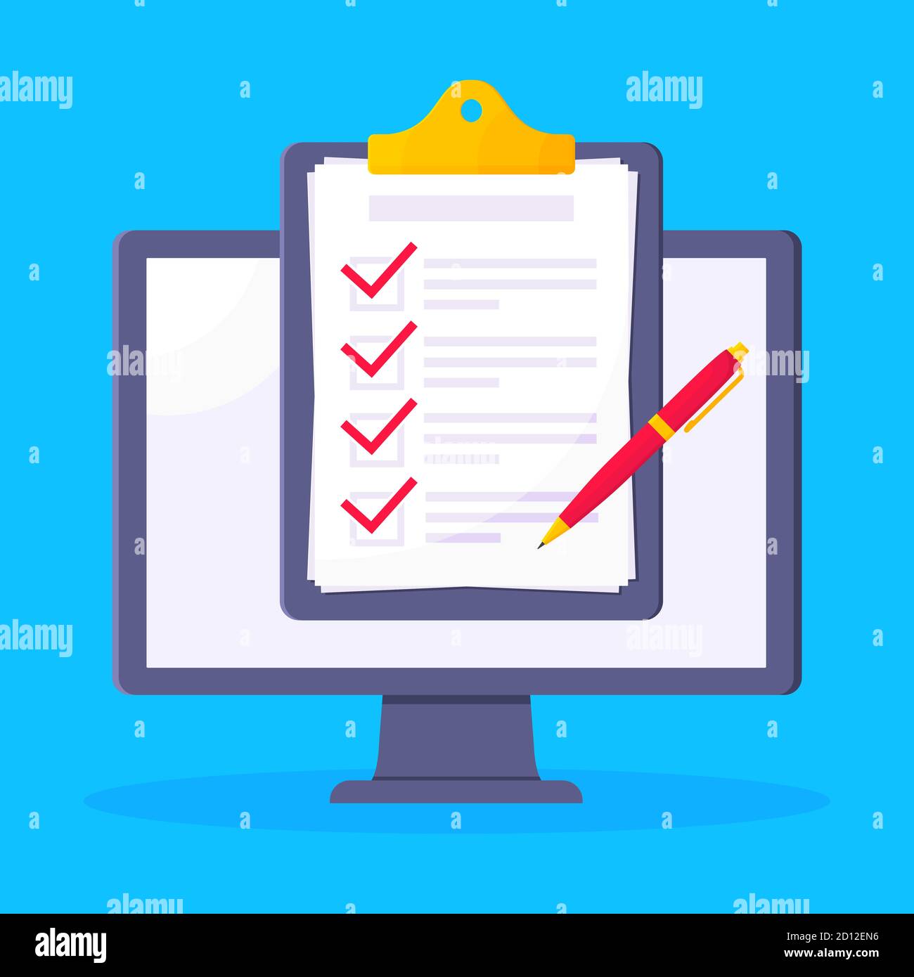 Complete checklist with check marks tick popped above the computer ...