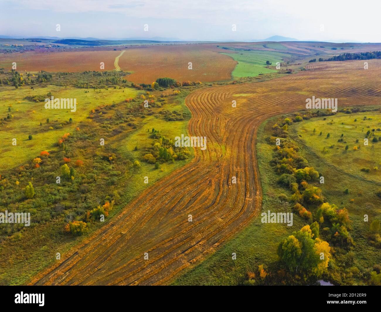 Aerial panoramic view of autumn harvested fields. Drone shot Stock ...