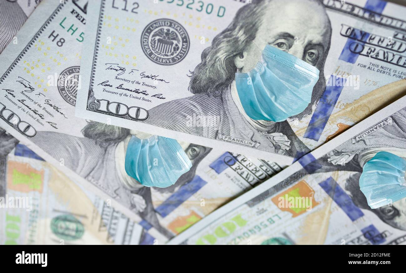 One Hundred Dollar Bill With Medical Face Mask on Benjamin Franklin ...