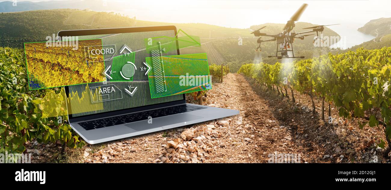 Drone sprayer and laptop. Smart farm Stock Photo - Alamy