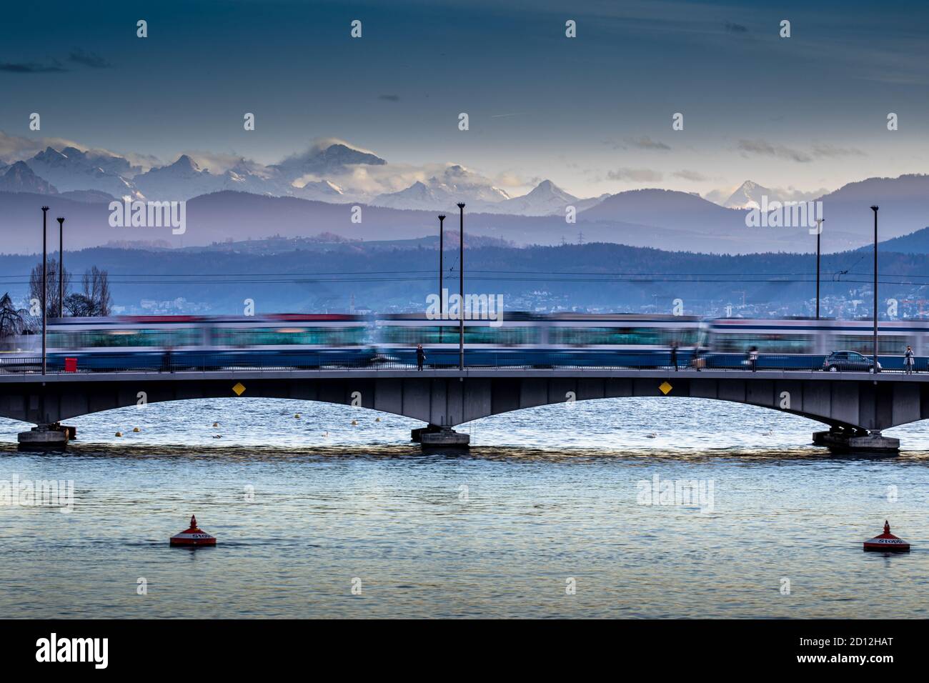 Zurich, Switzerland - view of the Limmat river with its busy bridges ...