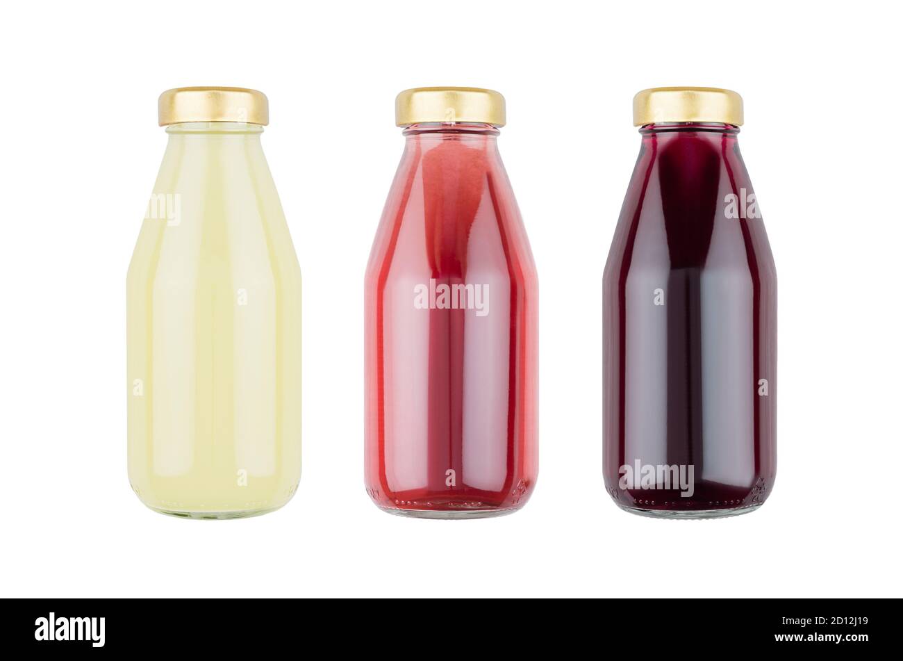 Collection of fresh fruits juices - yellow, pink, violet in glass ...