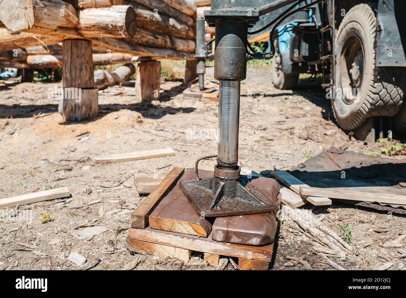 Support spare part for construction equipment. Construction site. Close ...