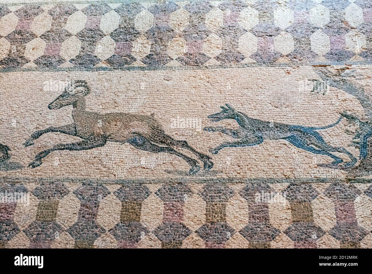 A hunting scene mosaic showing a dog chasing deer in the House of ...