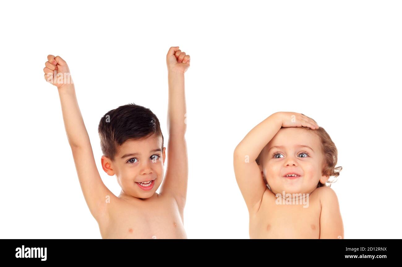 Bath hour. Two children without clothes ready for the shower Stock ...