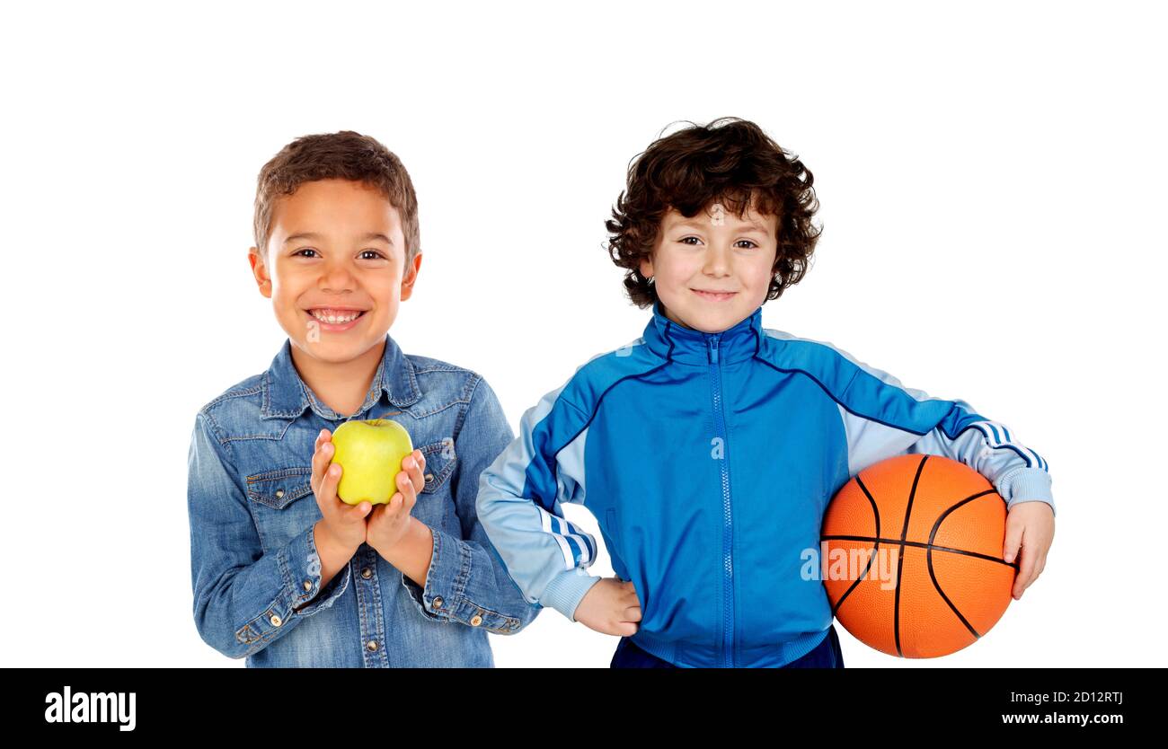 Classmates with soccer and basket balls isolated on a white background ...