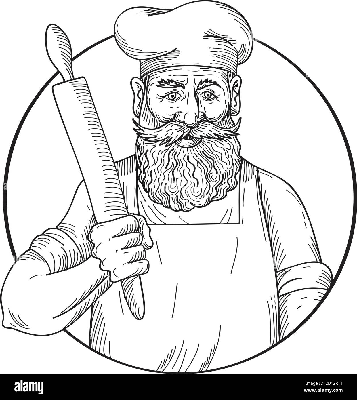 Drawing sketch style illustration of a hipster baker with full beard ...