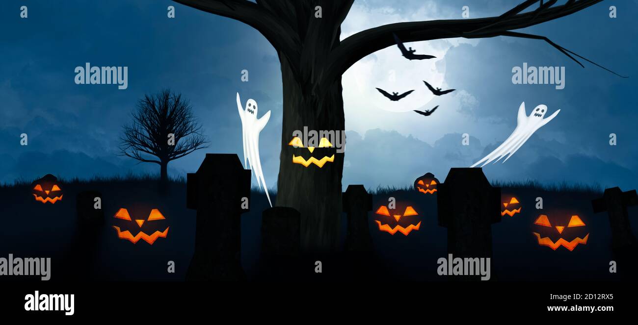 a spooky halloween background with pumpkins and a ghosts on a cemetery ...