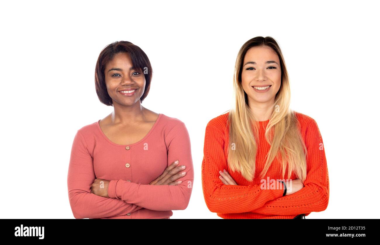 Women looking at camera isolated on a white background Stock Photo - Alamy