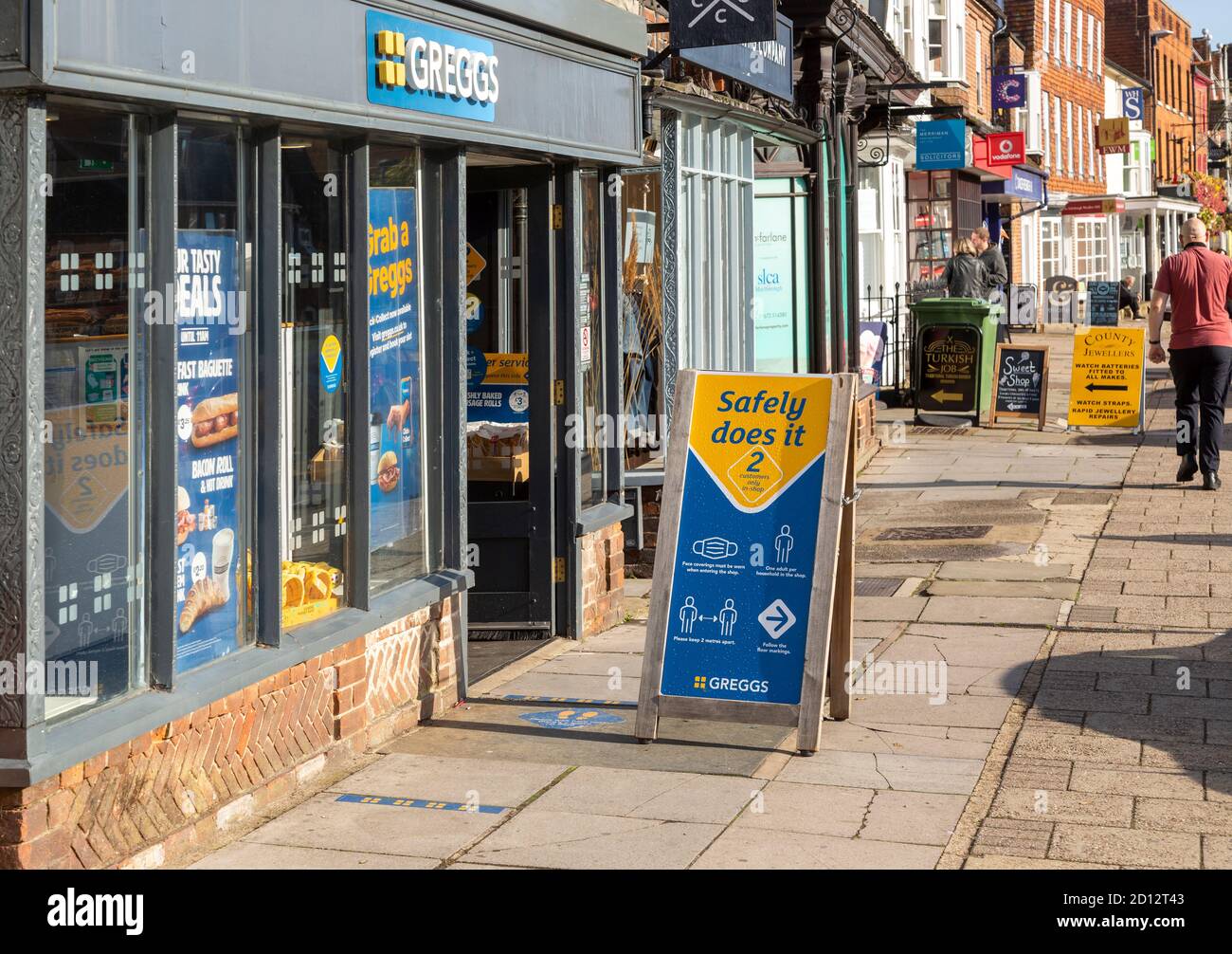 Greggs sign for Covid secure safety rules outside shop, Marlborough ...