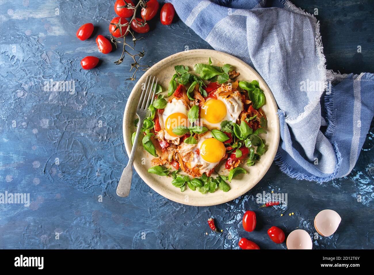 Traditional Israeli Cuisine dishes Shakshuka. Fried egg with vegetables ...