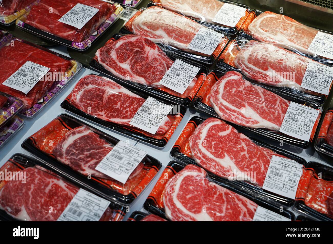 Close up Packages of Wagyu beef steak displayed on shelf Stock Photo ...