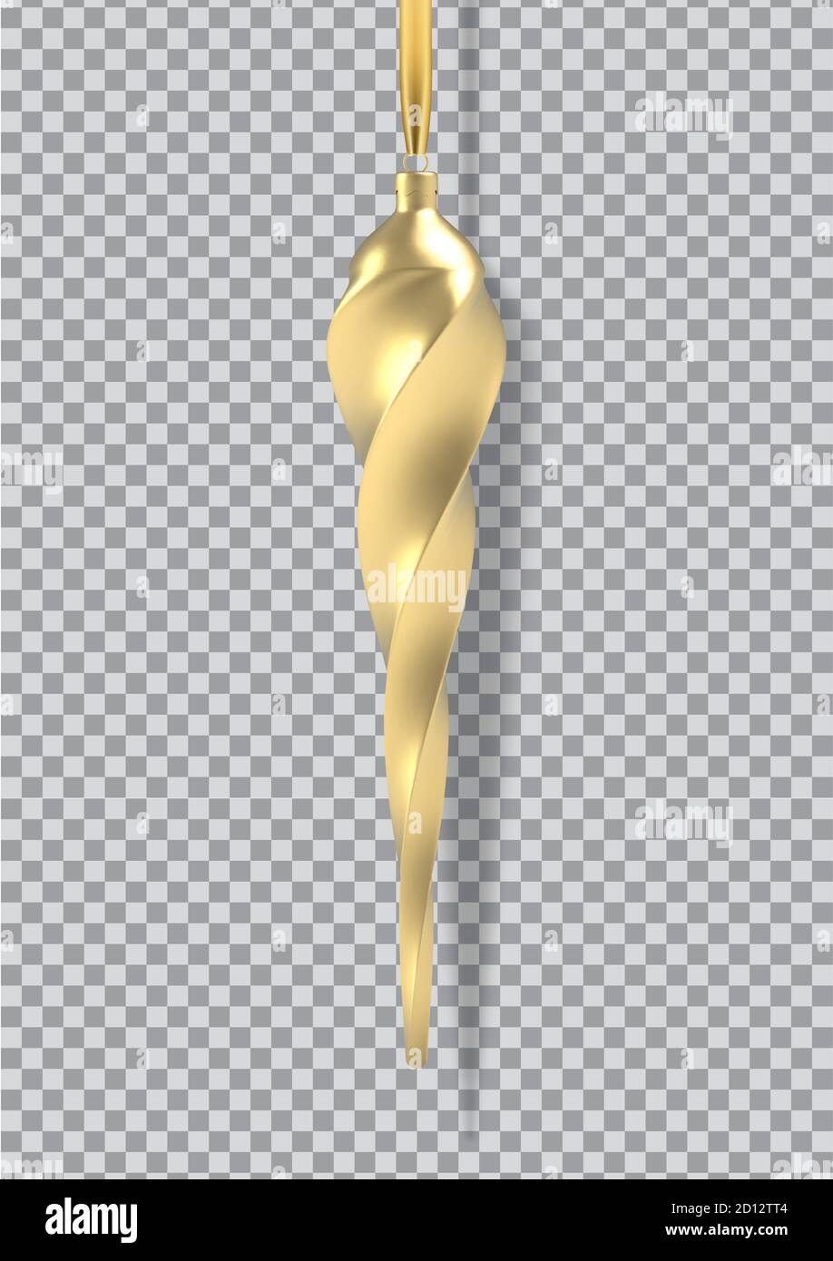 Realistic Gold Christmas tree toy in the form of a icicle, spiral. 3D ...