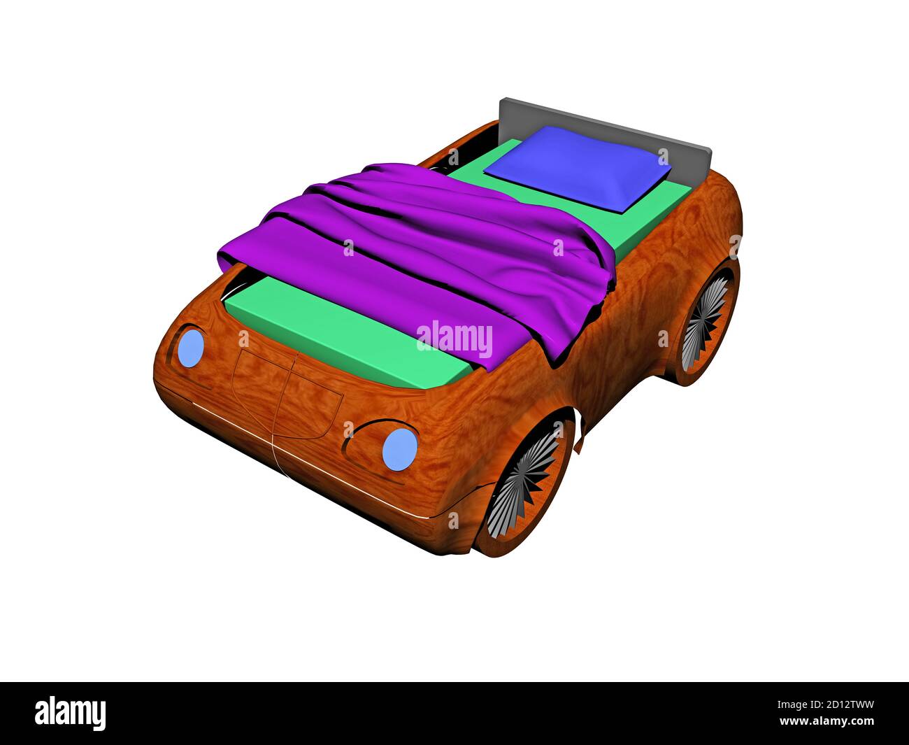 Cot in the form of a car with bed linen Stock Photo - Alamy