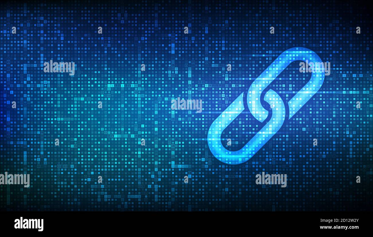 Link icon made with binary code. Blockchain technology. Cooperation symbol. Communication ...