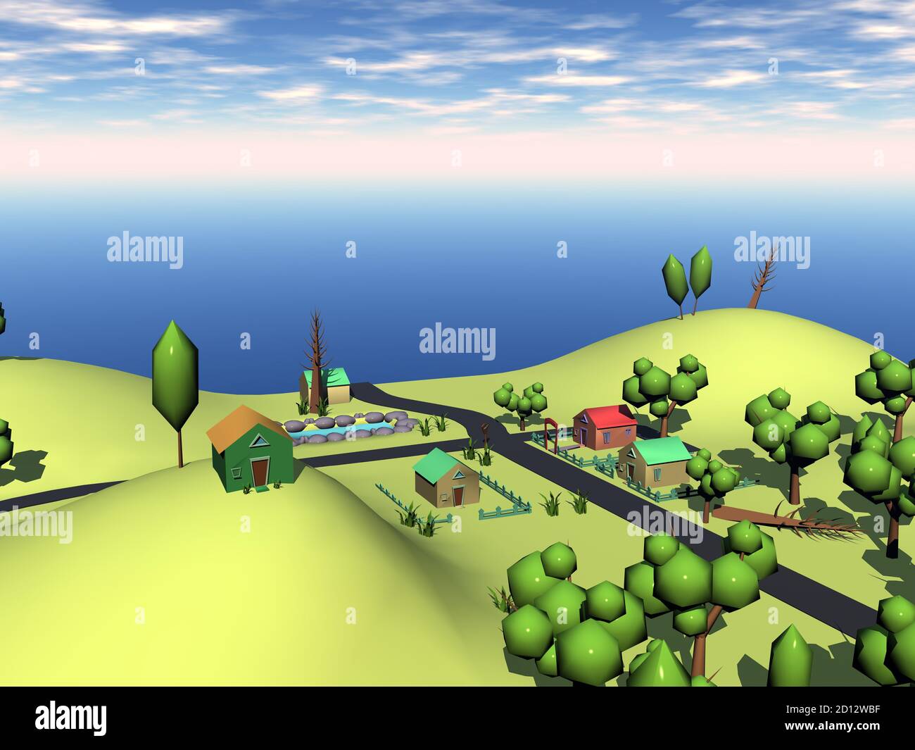 Cartoon mountain and valley landscape with meadows, trees and sky Stock ...