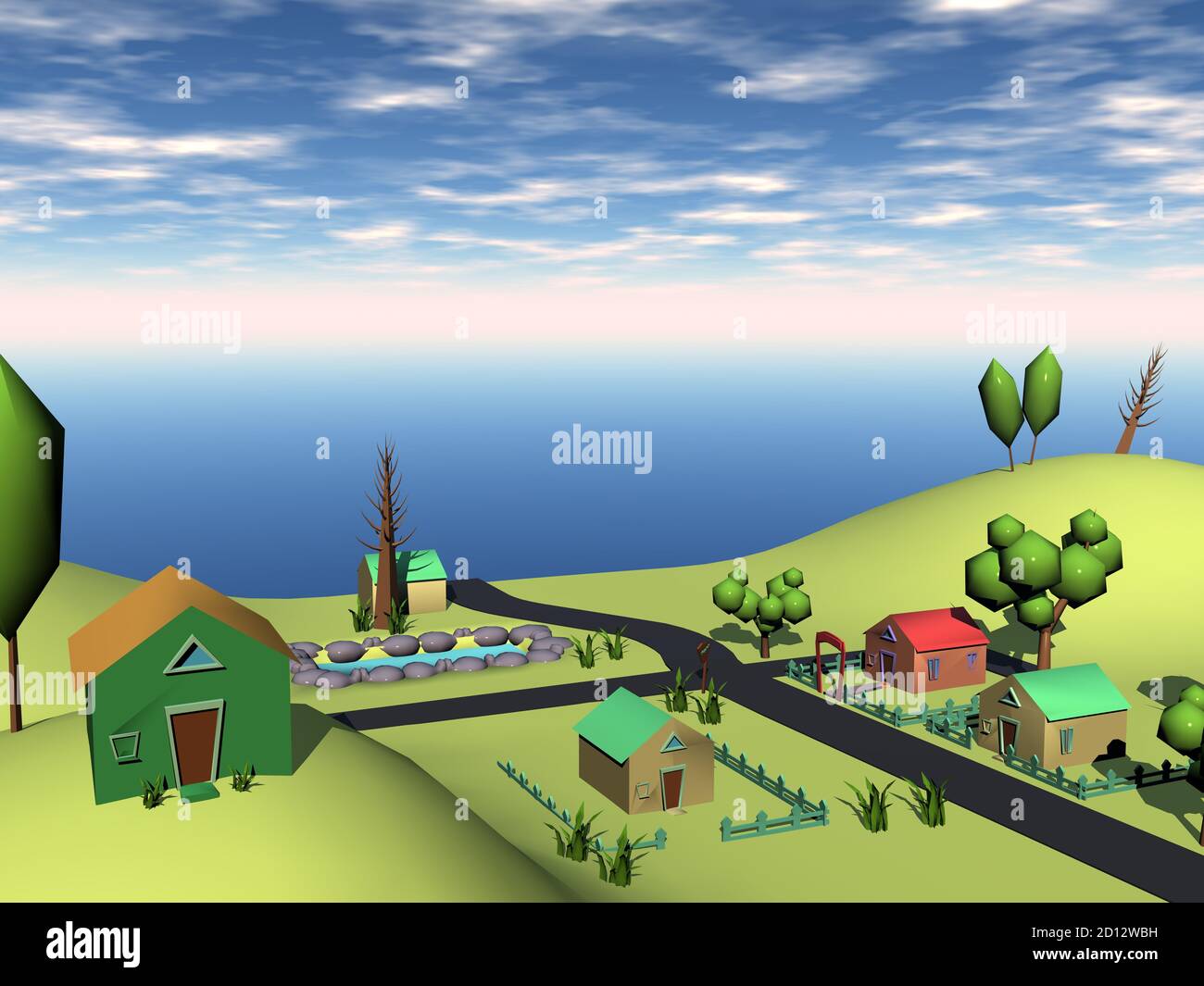 Cartoon mountain and valley landscape with meadows, trees and sky Stock ...