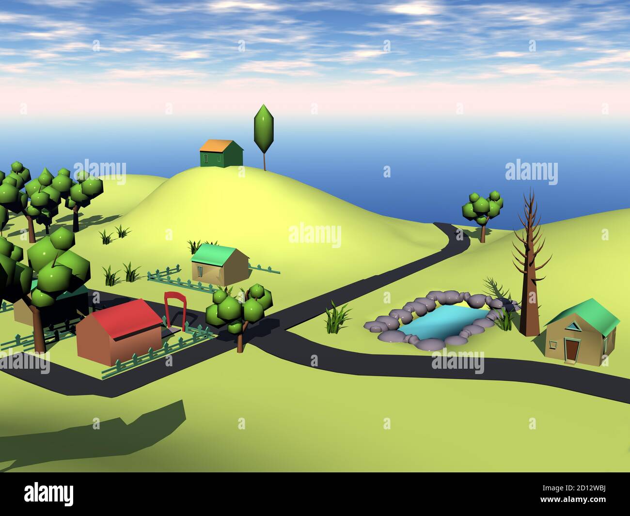 Cartoon mountain and valley landscape with meadows, trees and sky Stock ...