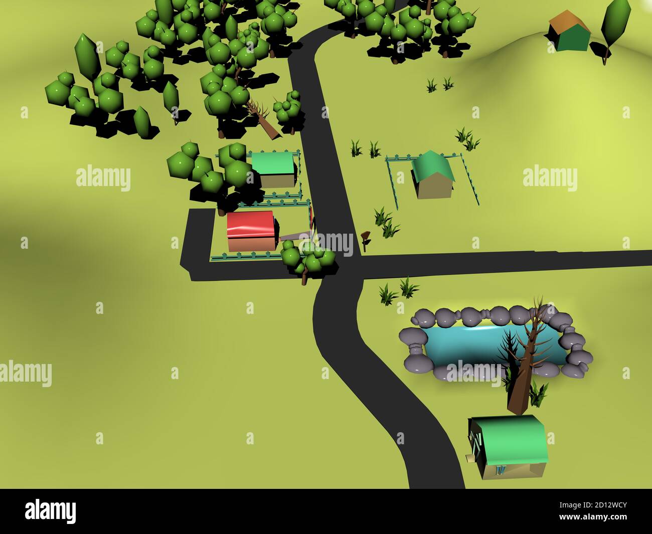 Cartoon mountain and valley landscape with meadows, trees and sky Stock ...