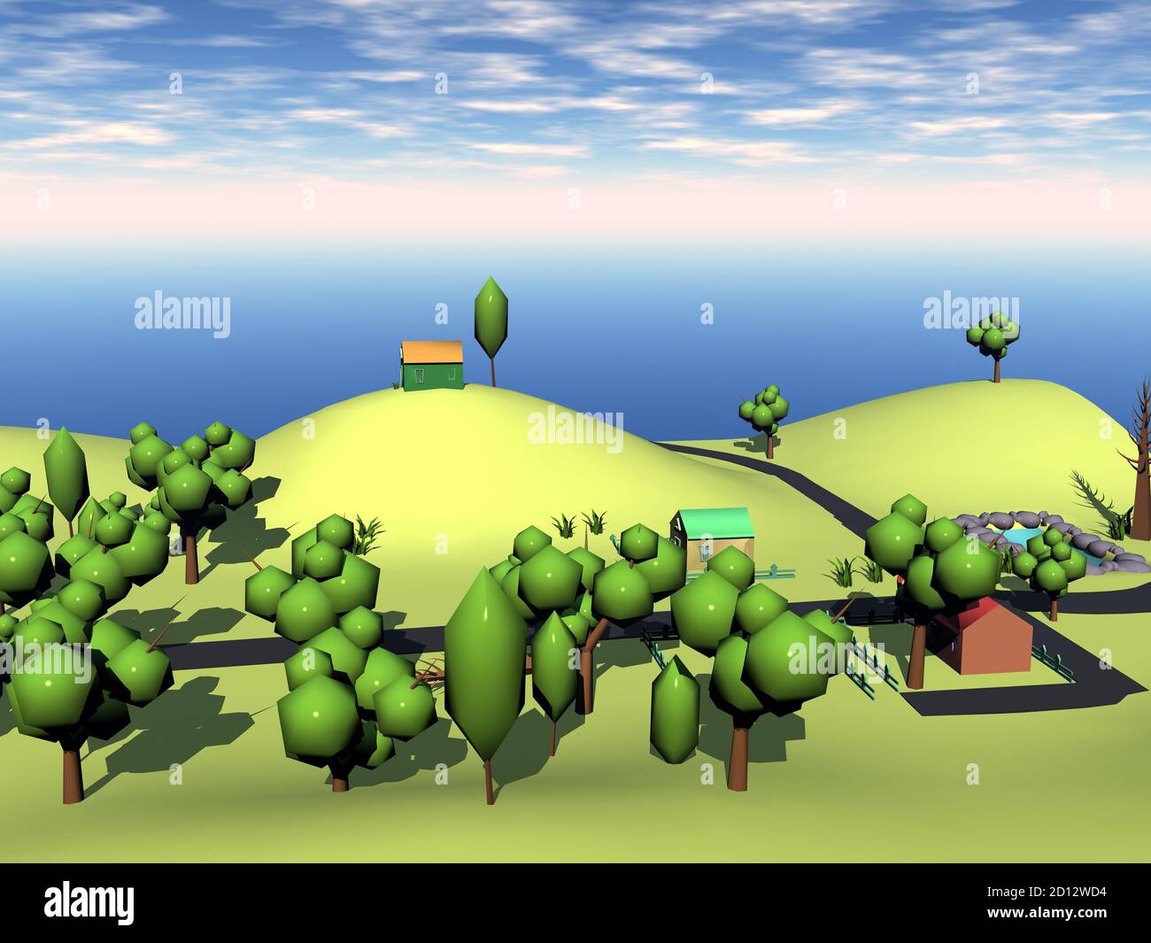 Cartoon mountain and valley landscape with meadows, trees and sky Stock ...