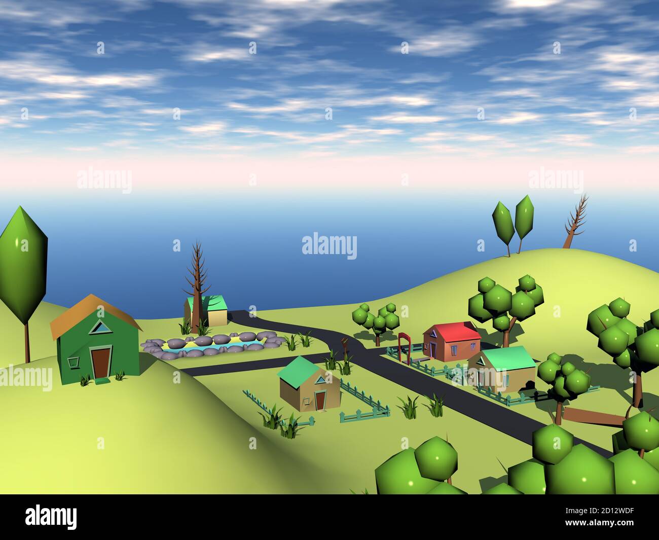Cartoon mountain and valley landscape with meadows, trees and sky Stock ...
