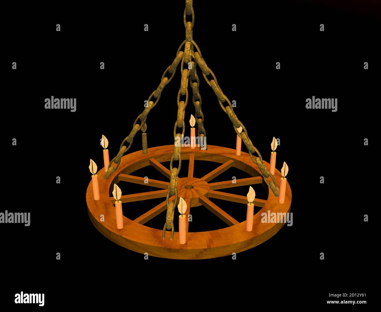 wooden wagon wheel with candles hangs on the ceiling as a chandelier ...