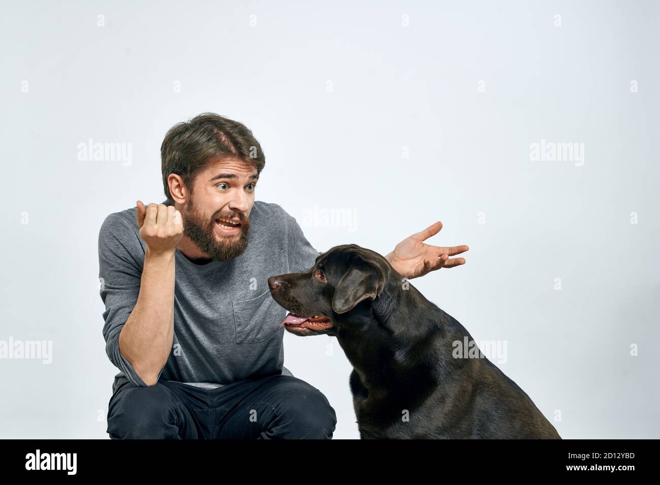 happy owner with pet black dog training model emotions Stock Photo - Alamy