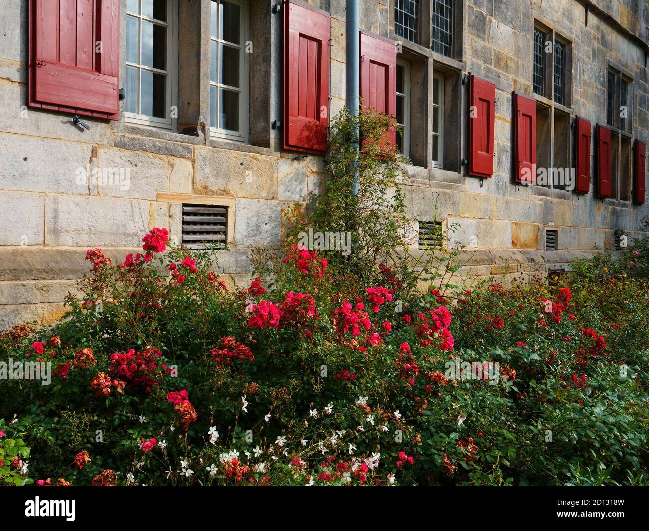 The red roses fit to the color of the shutters of this building. Part ...