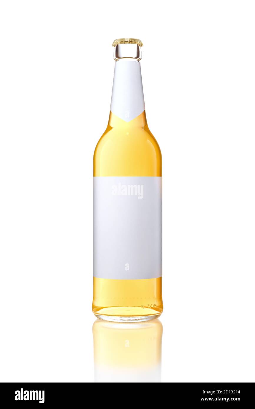 Single transparent glass bottle with blank white label. Beer bottle ...
