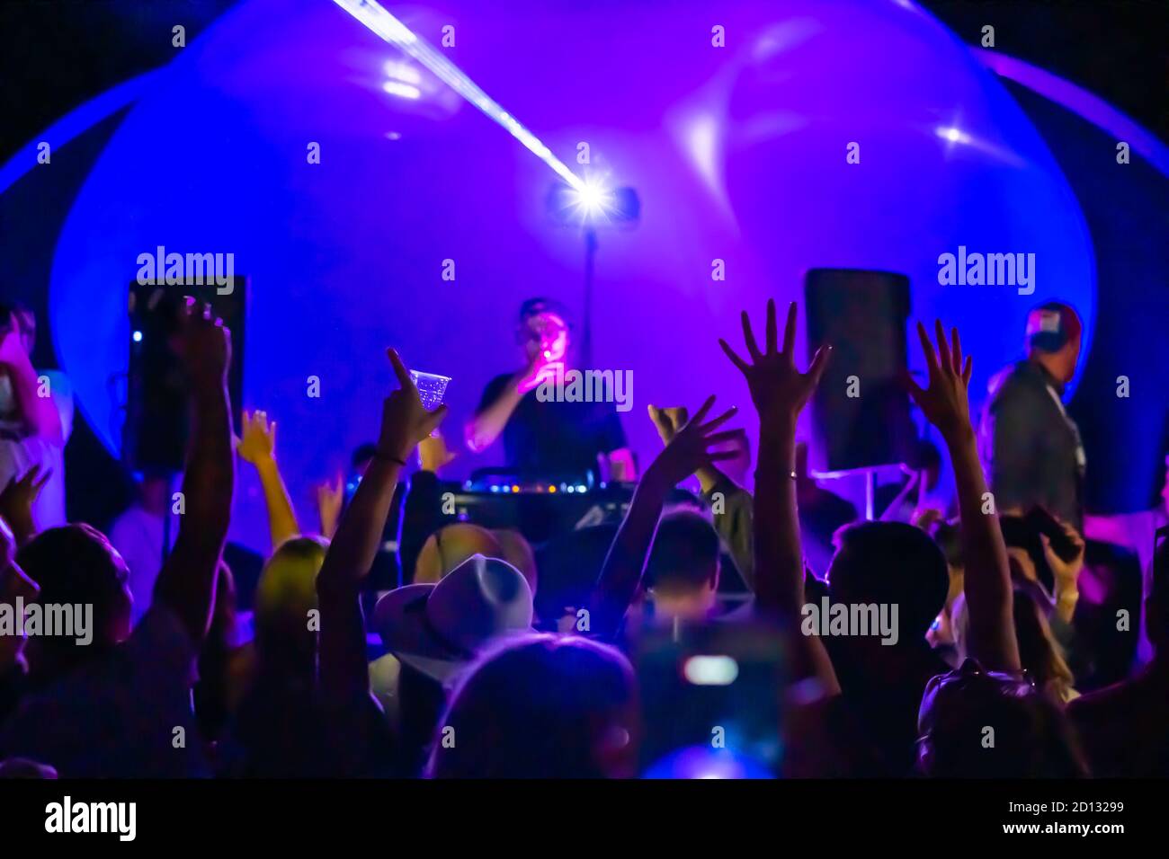 Crowd and DJs dancing during party Stock Photo - Alamy