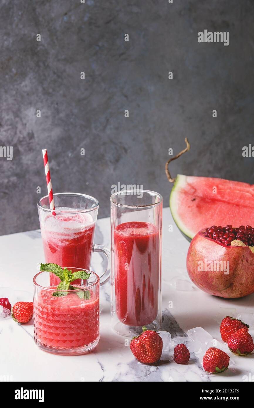 Three different red fruit berry watermelon, strawberry, raspberry ...