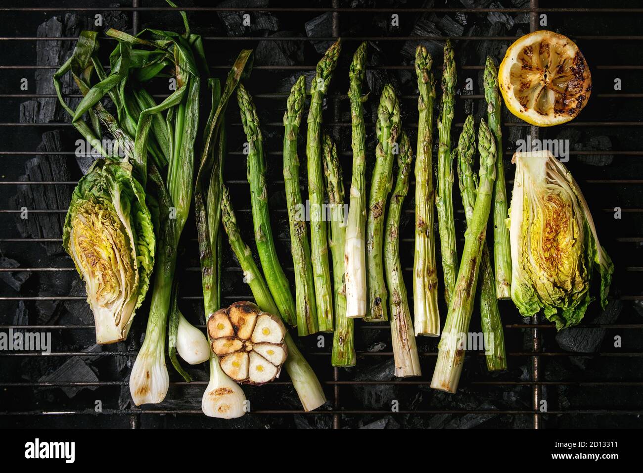 Grilled vegetables green asparagus, garlic, lemon, spring onion, salad ...