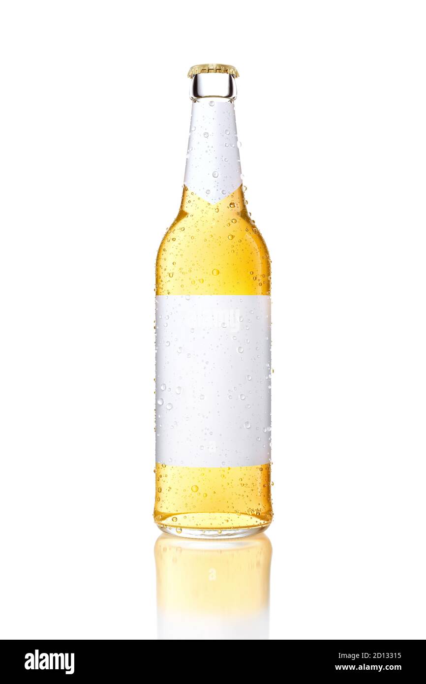 One transparent glass bottle with blank label. Light beer in bottle ...