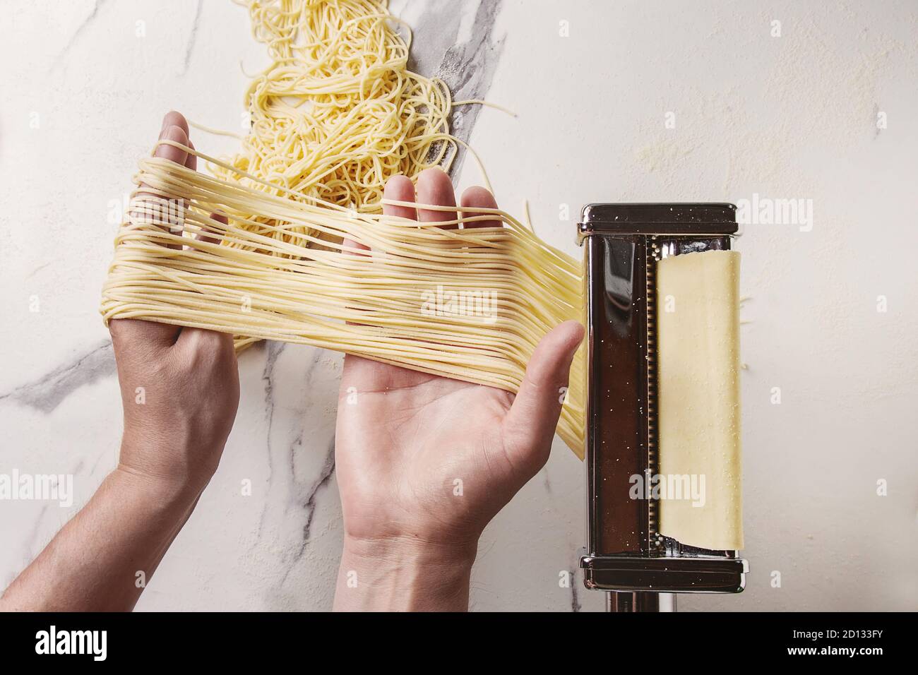 Rolled dough for homemade italian uncooked pasta spaghetti from pasta ...