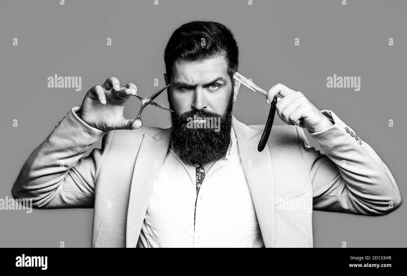 Barber scissors and straight razor, barber shop. Beard man, bearded ...