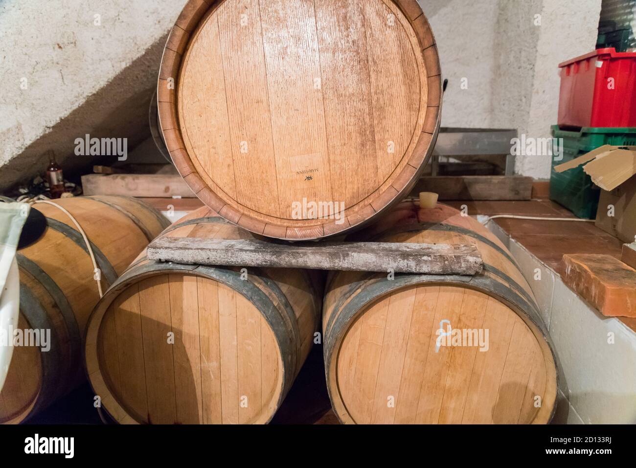 SPLIT, CROATIA - 2017 AUGUST 18. Wooden winery barrels with warm color ...