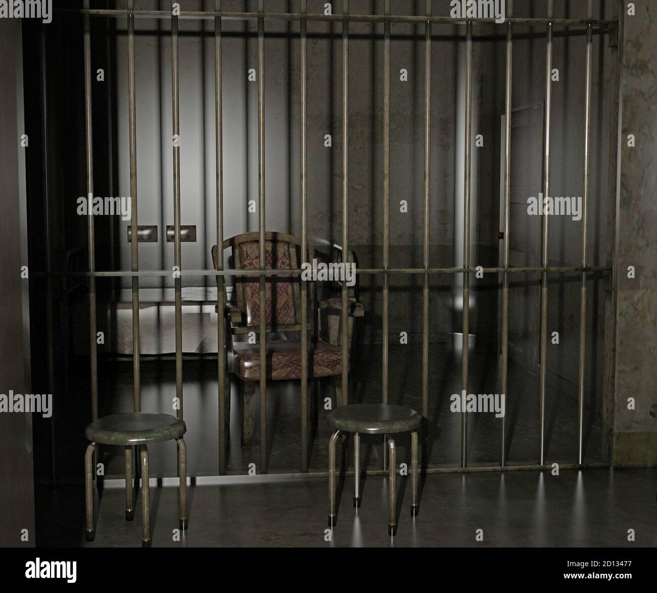 Prison cell with bars and stools Stock Photo - Alamy