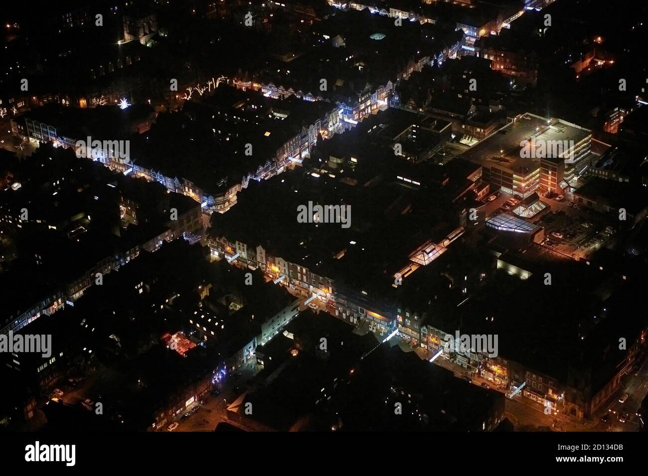 Aerial photography at night, of Chester city centre, North West England ...