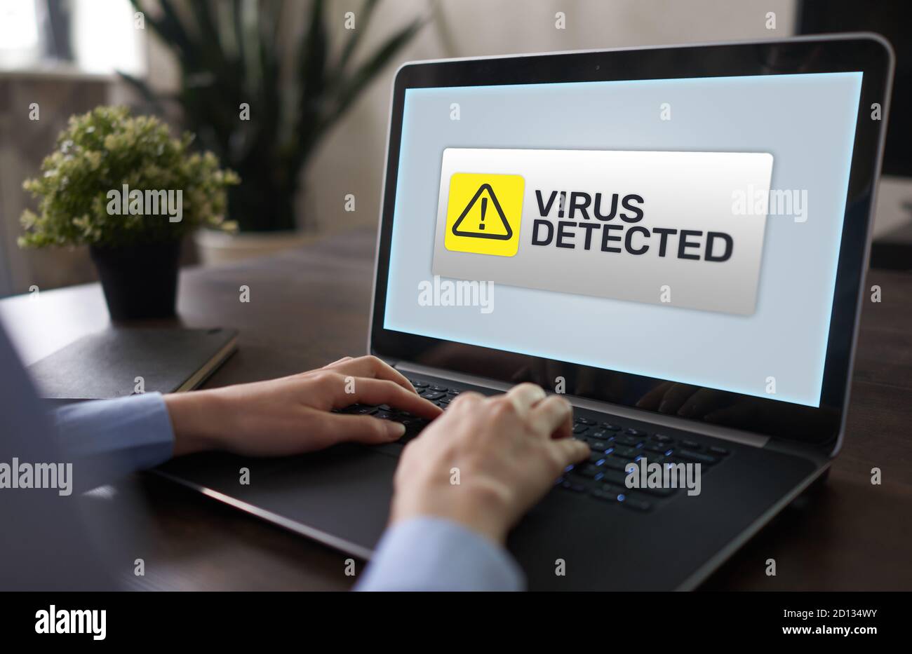 Virus Detected warning message on screen. Cyber security breach. Data ...