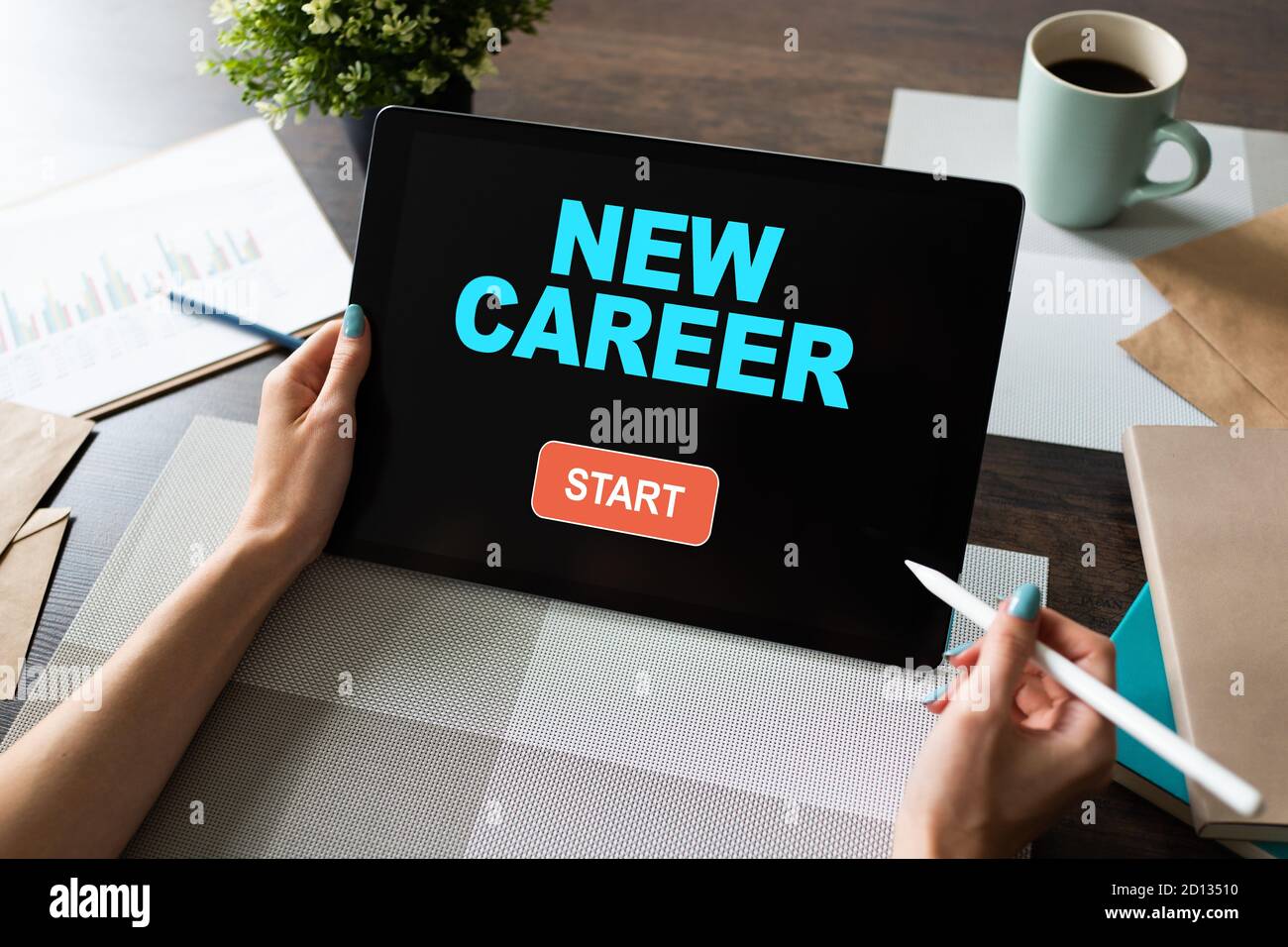 Start new career button on device screen. Recruitment and personal ...